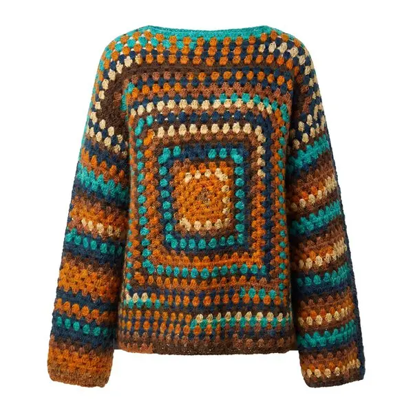 ANA CHIC Rust And Teal Granny Square Handmade Crochet Jumper