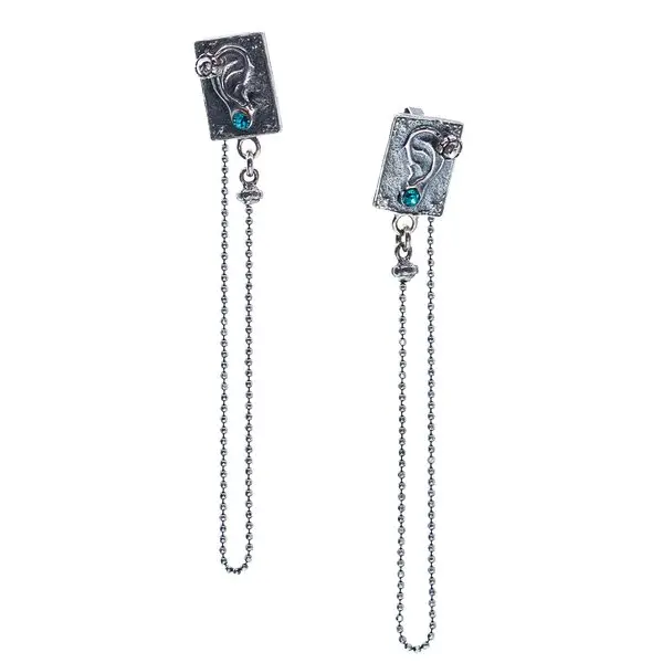 GEM KINGDOM Silver / Blue Silver Ear Ex Voto Chain Drop Earrings