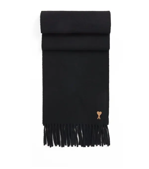 AMI Paris Wool De Coeur Fringed Scarf - Black