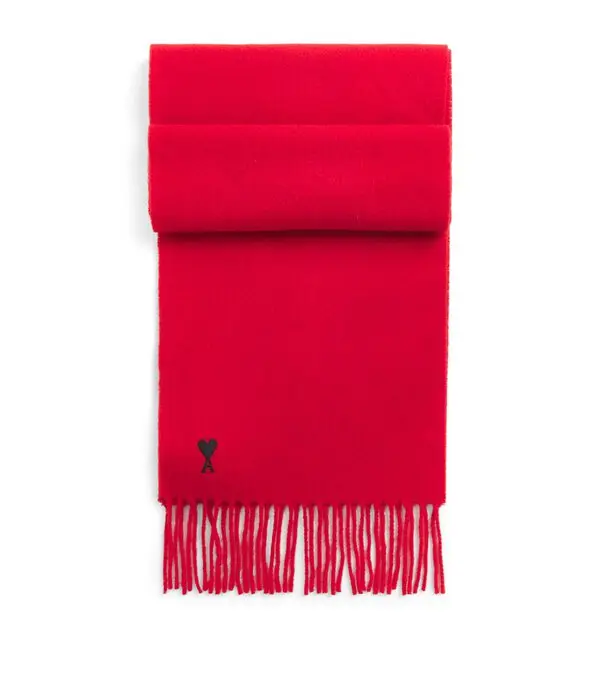 AMI Paris Wool De Coeur Fringed Scarf - Red