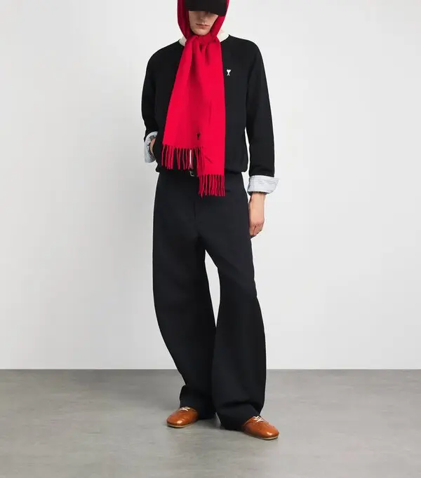 AMI Paris Wool De Coeur Fringed Scarf