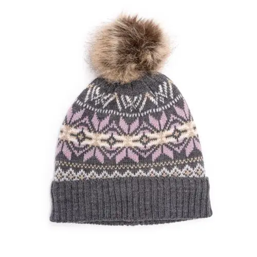 MUK LUKS Cuffed Wool Cap With Pom - Grey