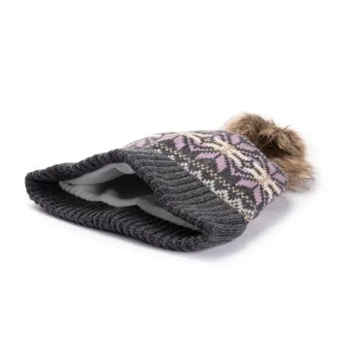MUK LUKS Cuffed Wool Cap With Pom - Grey
