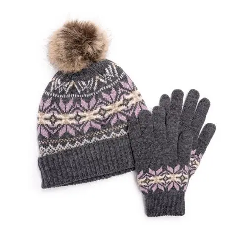 MUK LUKS Cuffed Wool Cap With Pom - Grey