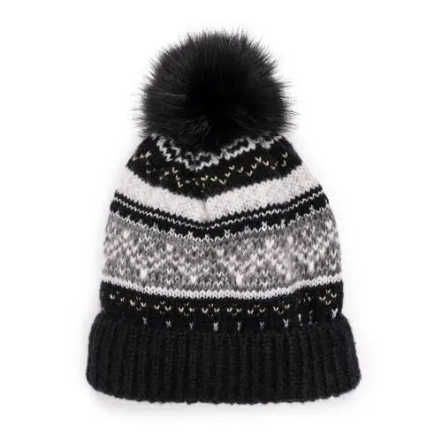 MUK LUKS Cuff Knit Beanie With Pom - Ebony