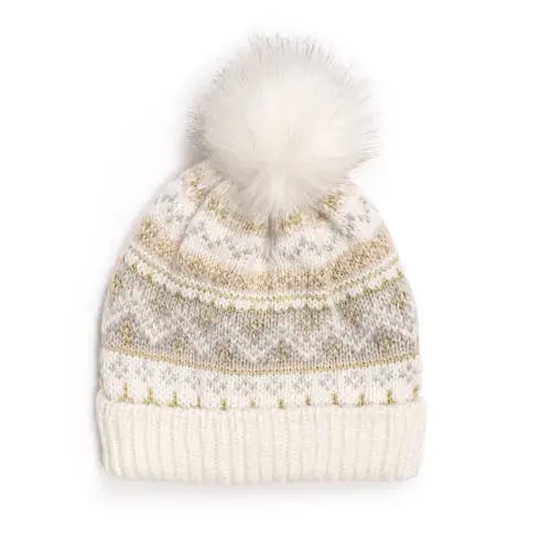 MUK LUKS Cuff Knit Beanie With Pom - Ivory