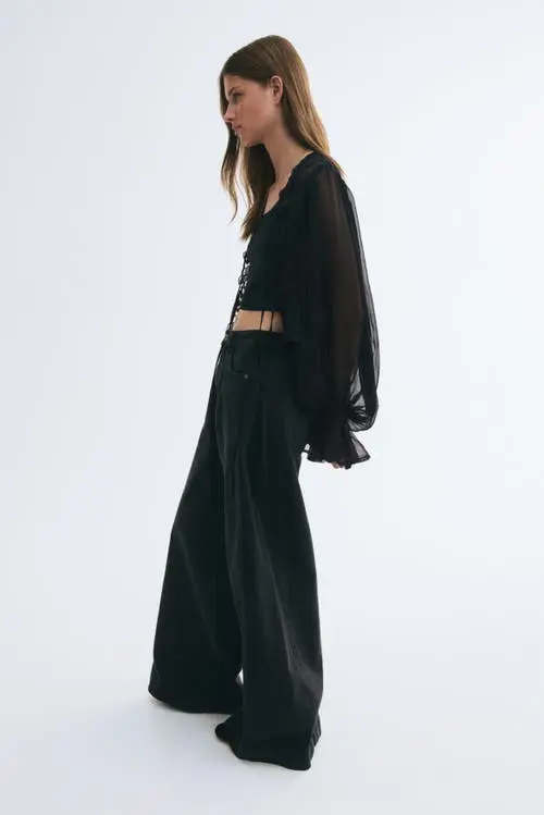 H&M Lace-trimmed Balloon-sleeved Blouse - Black