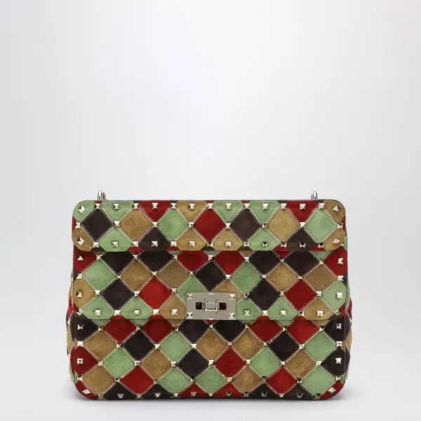 Valentino Garavani Small Rockstud Spike Bag In Patchwork Suede - Cream