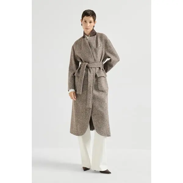 Brunello Cucinelli Virgin Wool And Silk Mélange Diagonal Belted Coat With Monili