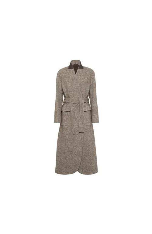 Brunello Cucinelli Virgin Wool And Silk Mélange Diagonal Belted Coat With Monili