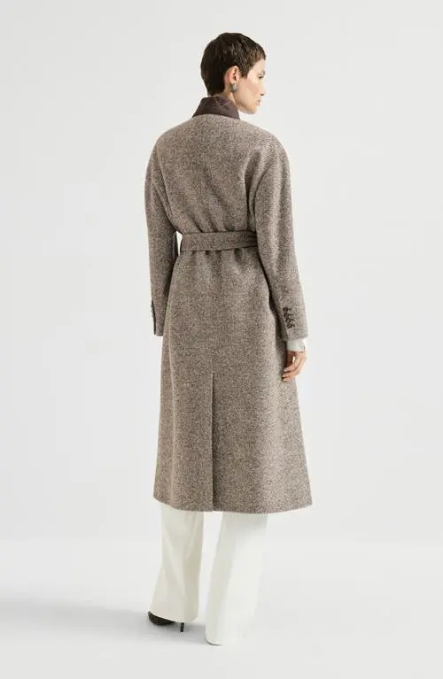 Brunello Cucinelli Virgin Wool And Silk Mélange Diagonal Belted Coat With Monili