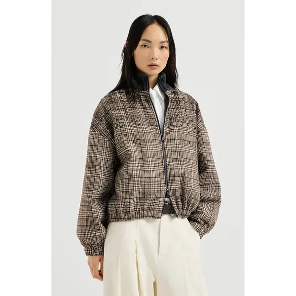 Brunello Cucinelli Checked Alpaca And Wool Bomber Jacket With Dazzling Degradé Embroidery And Thermore® Padding