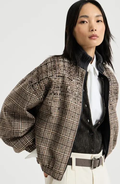 Brunello Cucinelli Checked Alpaca And Wool Bomber Jacket With Dazzling Degradé Embroidery And Thermore® Padding
