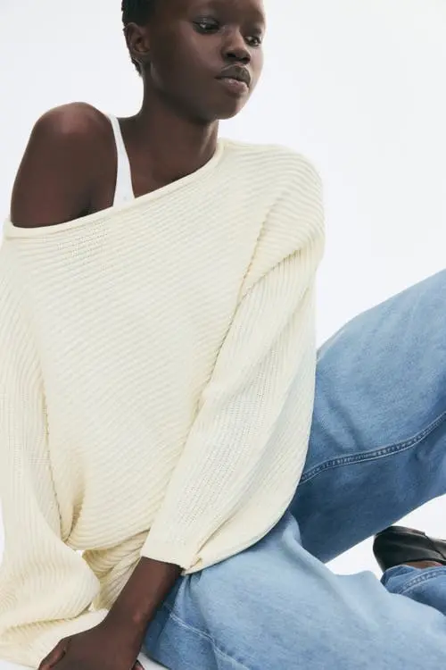 H&M Boat-neck Rib-knit Sweater - Cream