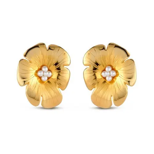 CHRISTINA CARUSO Large Poppy Flower Earring With Pearl - Gold