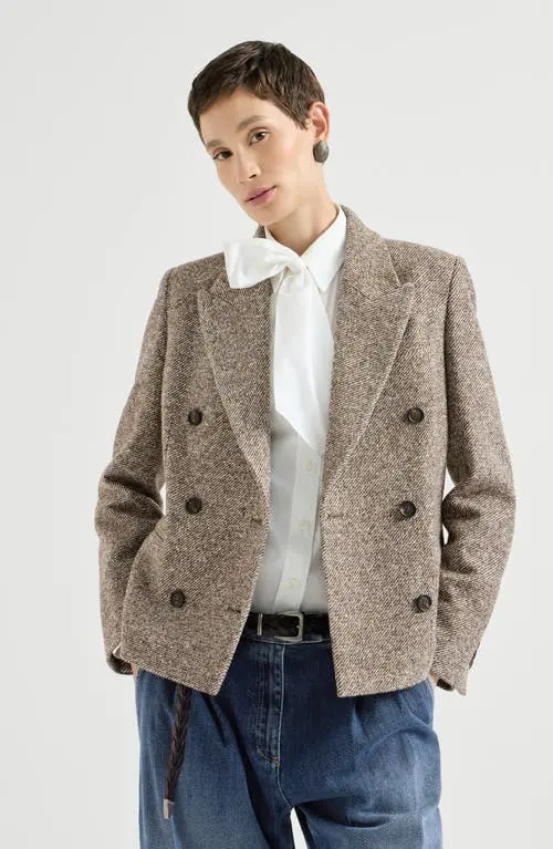 Brunello Cucinelli Virgin Wool And Silk Mélange Diagonal Blazer With Monili