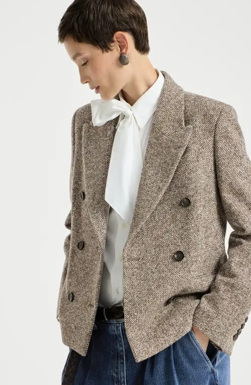 Brunello Cucinelli Virgin Wool And Silk Mélange Diagonal Blazer With Monili