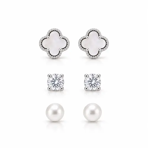 DONATELLO GIAN Set Of 3 Sterling Clover Crystal & Pearl Earrings - Silver