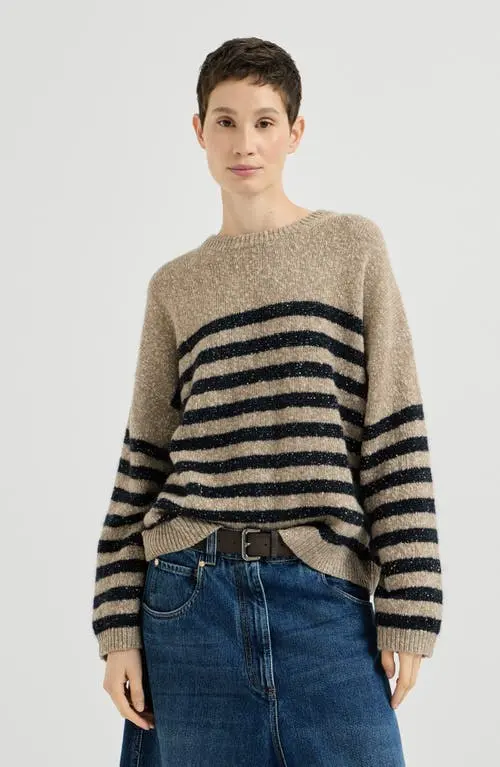 Brunello Cucinelli Mouliné Soft Virgin Wool And Cashmere Sweater With Dazzling Stripes - Beige