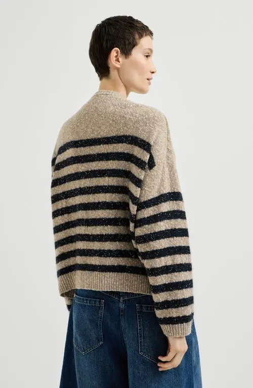 Brunello Cucinelli Mouliné Soft Virgin Wool And Cashmere Sweater With Dazzling Stripes - Beige