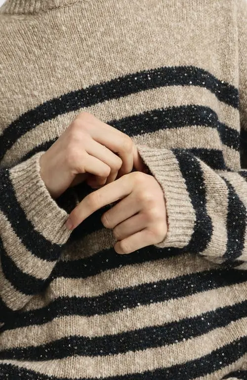 Brunello Cucinelli Mouliné Soft Virgin Wool And Cashmere Sweater With Dazzling Stripes - Beige