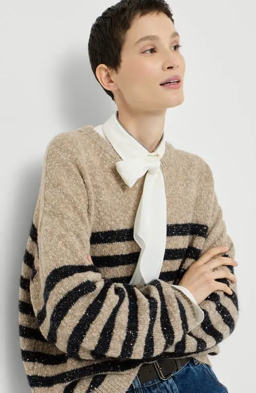 Brunello Cucinelli Mouliné Soft Virgin Wool And Cashmere Sweater With Dazzling Stripes - Beige
