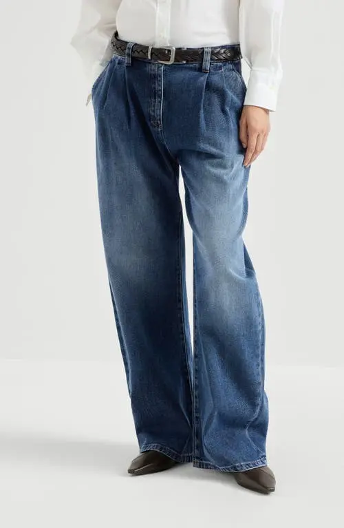 Brunello Cucinelli Comfort Cotton Denim Loose Curved Trousers With Monili