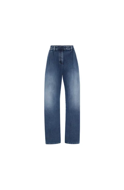 Brunello Cucinelli Comfort Cotton Denim Loose Curved Trousers With Monili