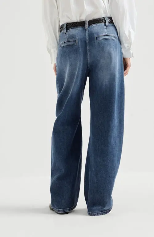 Brunello Cucinelli Comfort Cotton Denim Loose Curved Trousers With Monili