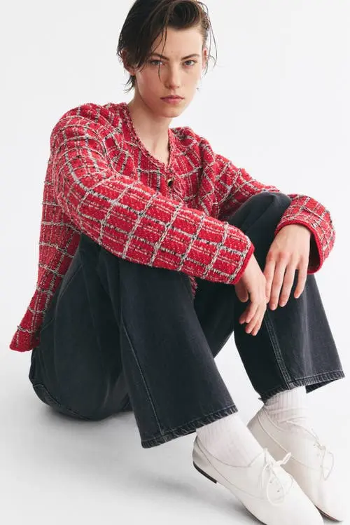 H&M Frayed Jacquard-knit Cardigan