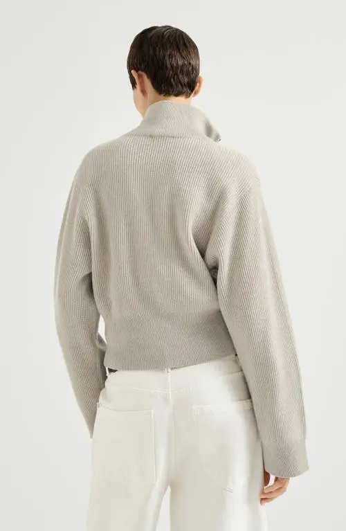Brunello Cucinelli Sparkling Cashmere English Rib Cardigan With Shiny Zipper Pull