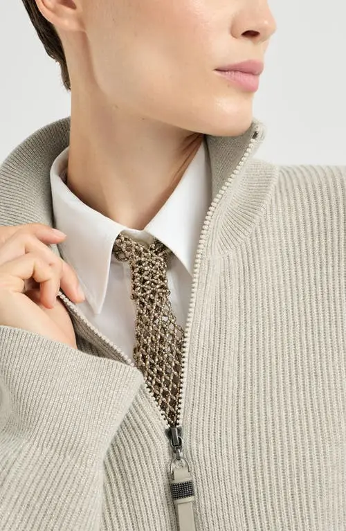 Brunello Cucinelli Sparkling Cashmere English Rib Cardigan With Shiny Zipper Pull