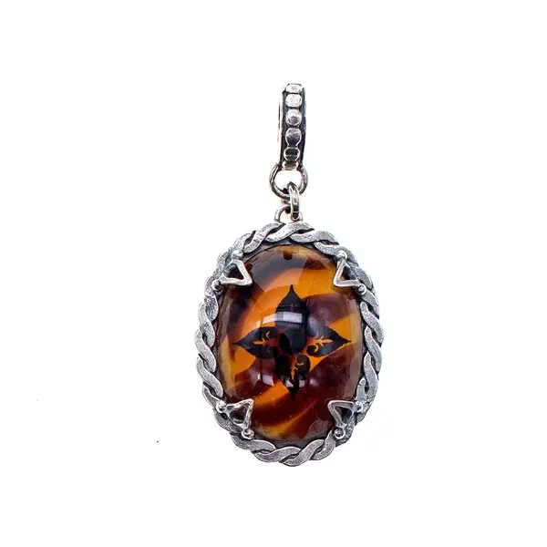 GEM KINGDOM Brown / Silver Amber Floral Pendant - Brown/silver