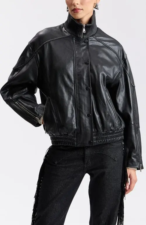 Avec Les Filles Funnel Neck Oversized Leather Bomber Jacket