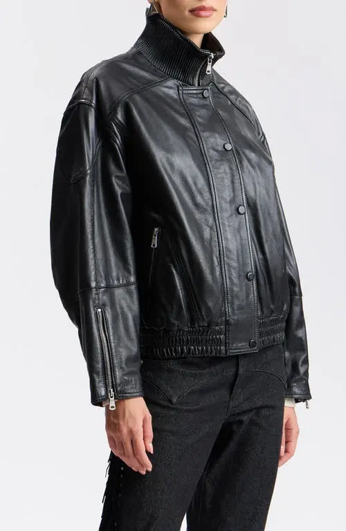Avec Les Filles Funnel Neck Oversized Leather Bomber Jacket