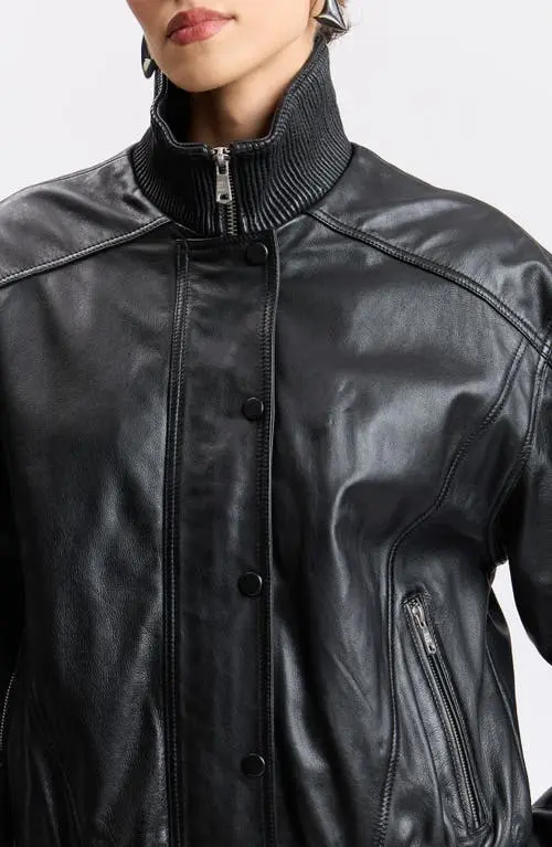 Avec Les Filles Funnel Neck Oversized Leather Bomber Jacket