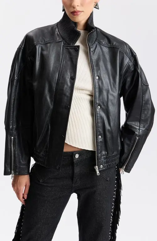Avec Les Filles Funnel Neck Oversized Leather Bomber Jacket