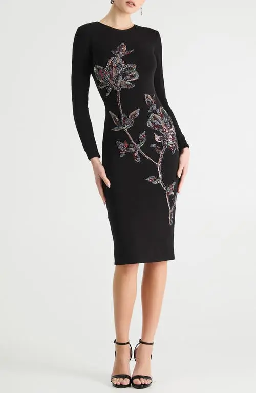 HELSI Ivy Beaded Floral Long Sleeve Body-con Cocktail Midi Dress - Black