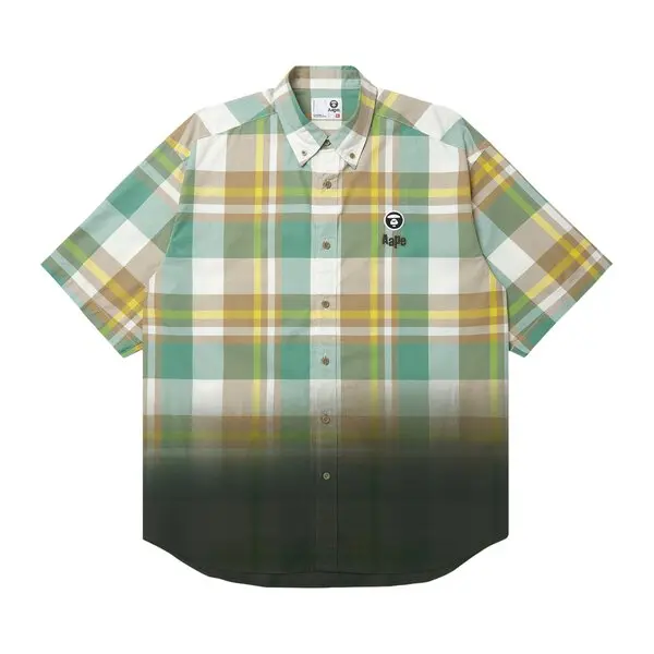 AAPE Moonface Embroidered Gradient Plaid Short-sleeve Shirt 'beige/green