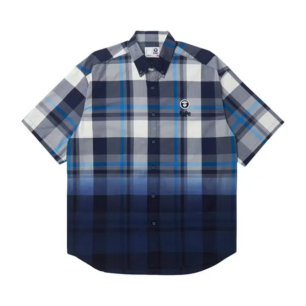 AAPE Moonface Embroidered Gradient Plaid Short-sleeve Shirt 'navy/black
