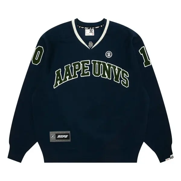 AAPE Moonface Logo V-neck Sweatshirt 'navy