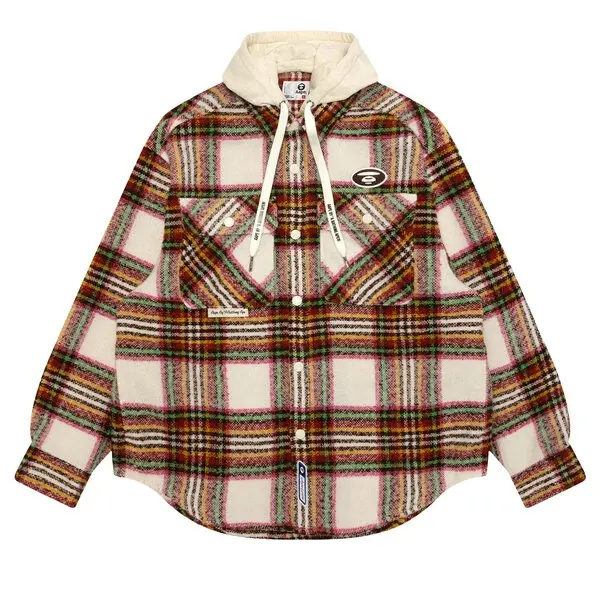 AAPE Moonface Check Hooded Shirt 'ivory/brown