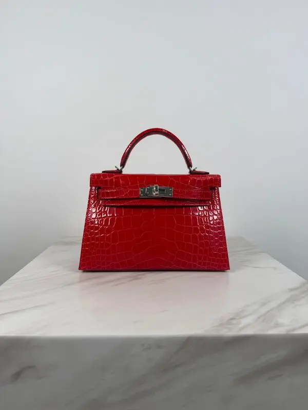 Hermès Mini Kelly Rouge De Coeur Shiny Alligator Palladium Hardware
