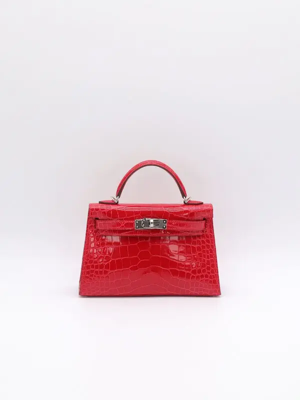 Hermès Mini Kelly Rouge De Coeur Shiny Alligator Palladium Hardware - Red
