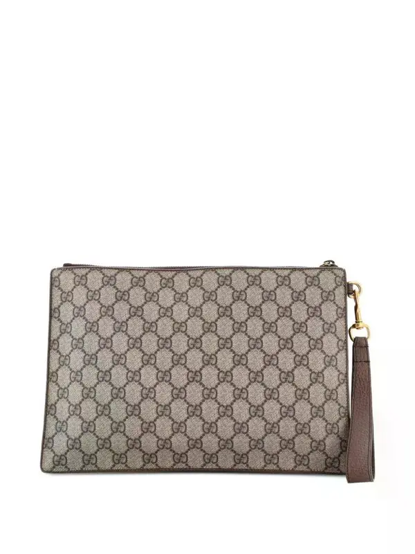 Gucci Courrier Pouch Gg Coated Canvas With Applique Clutch Bag - Brown