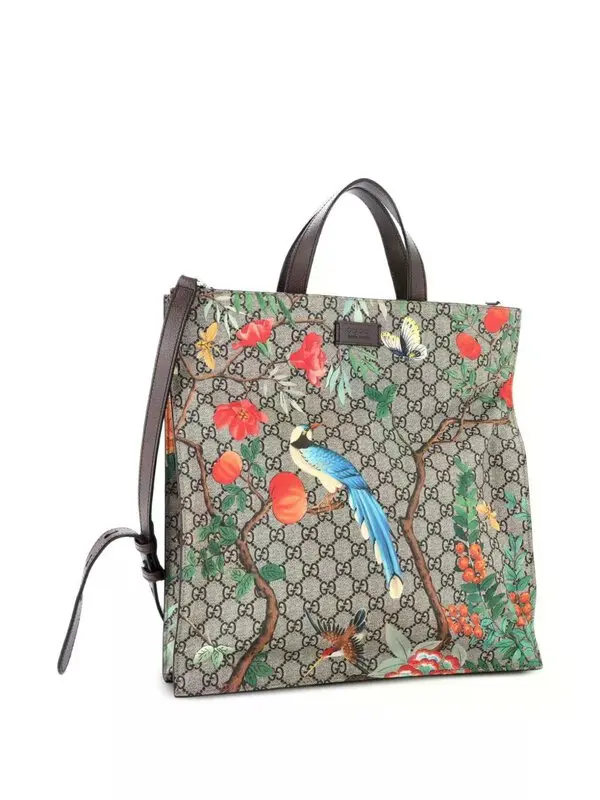Gucci Convertible Soft Open Tote Tian Print Gg Coated Canvas Tall Satchel - Brown