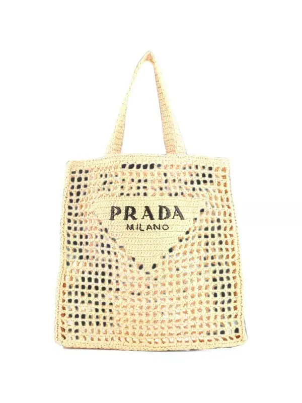 Prada Triangle Logo Open Raffia Tote Bag