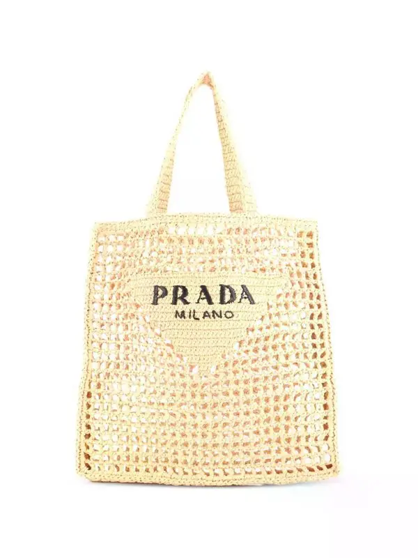 Prada Triangle Logo Open Raffia Tote Bag - Neutrals