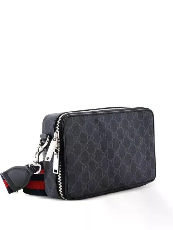 Gucci Web Strap Zip Around Camera Crossbody Bag Gg Coated Canvas Shoulder Bag - Black