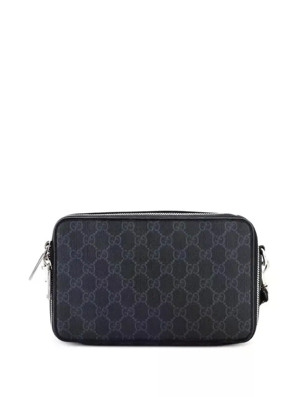 Gucci Web Strap Zip Around Camera Crossbody Bag Gg Coated Canvas Shoulder Bag - Black